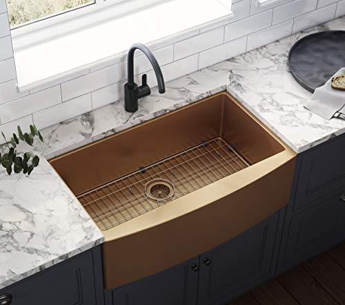 Ruvati Copper Tone 36-inch Apron-Front Farmhouse Kitchen Sink - Matte Bronze Stainless Steel Single Bowl - RVH9880CP