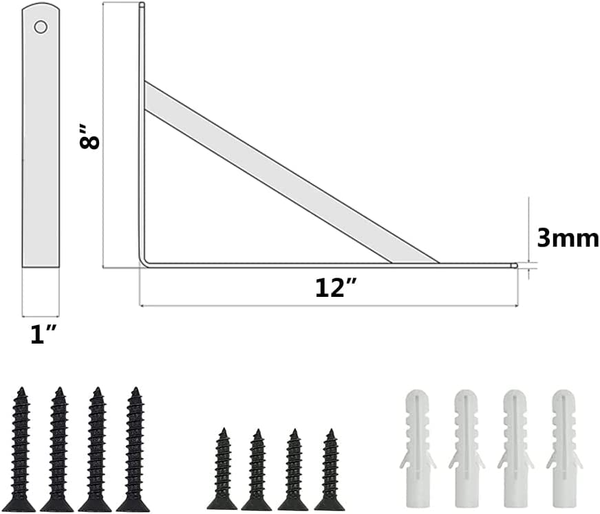 Shelf Brackets wall Shelves L Corner Brace Heavy Duty Shelf Brackets 12 inches x 8 inches with Screws 4 Pack Black Metal Shelf Brackets ,Shelf Support Angle Brackets for Shelves,L Brackets Heavy Duty