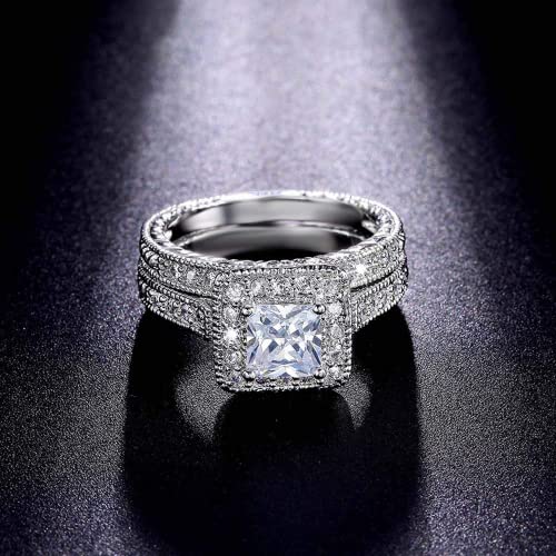 KIOYDISE Engagement Ring Sets Wedding Band Sets for Him and Her Engagement Ring Set Women’s Bridal Rings Sets Square Rings Sterling Silver Sparkly Cubic Zirconia Wedding Band Bridal Set Size (8)