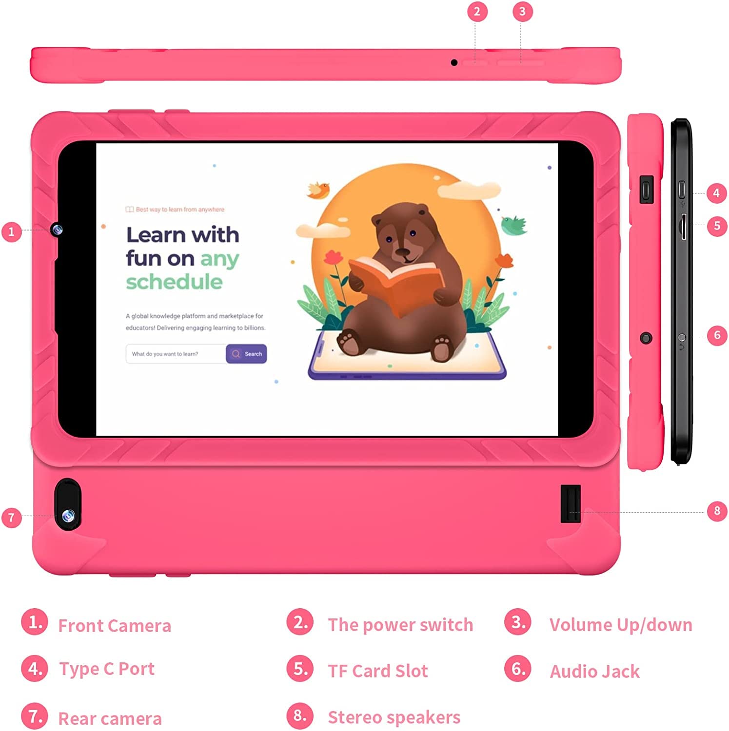 SGIN Tablet for Kids, 8 inch Kids Tablet Android 12 2GB+32GB Toddler Tablet with Parental Control IPS Eye Protection Screen Dual Cameras, WiFi, Games, Bluetooth, Learning Tablet(Pink)