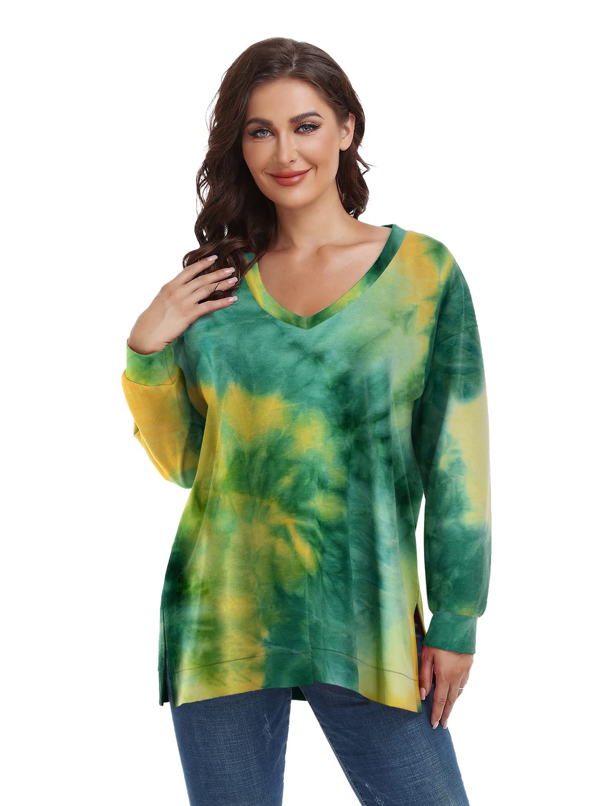 LARACE Tie Dye Sweatshirts for Women Plus Size Tops V Neck Side Split Shirt Casual Long Sleeve Pullover Tee(E-DarkGreen 4X)