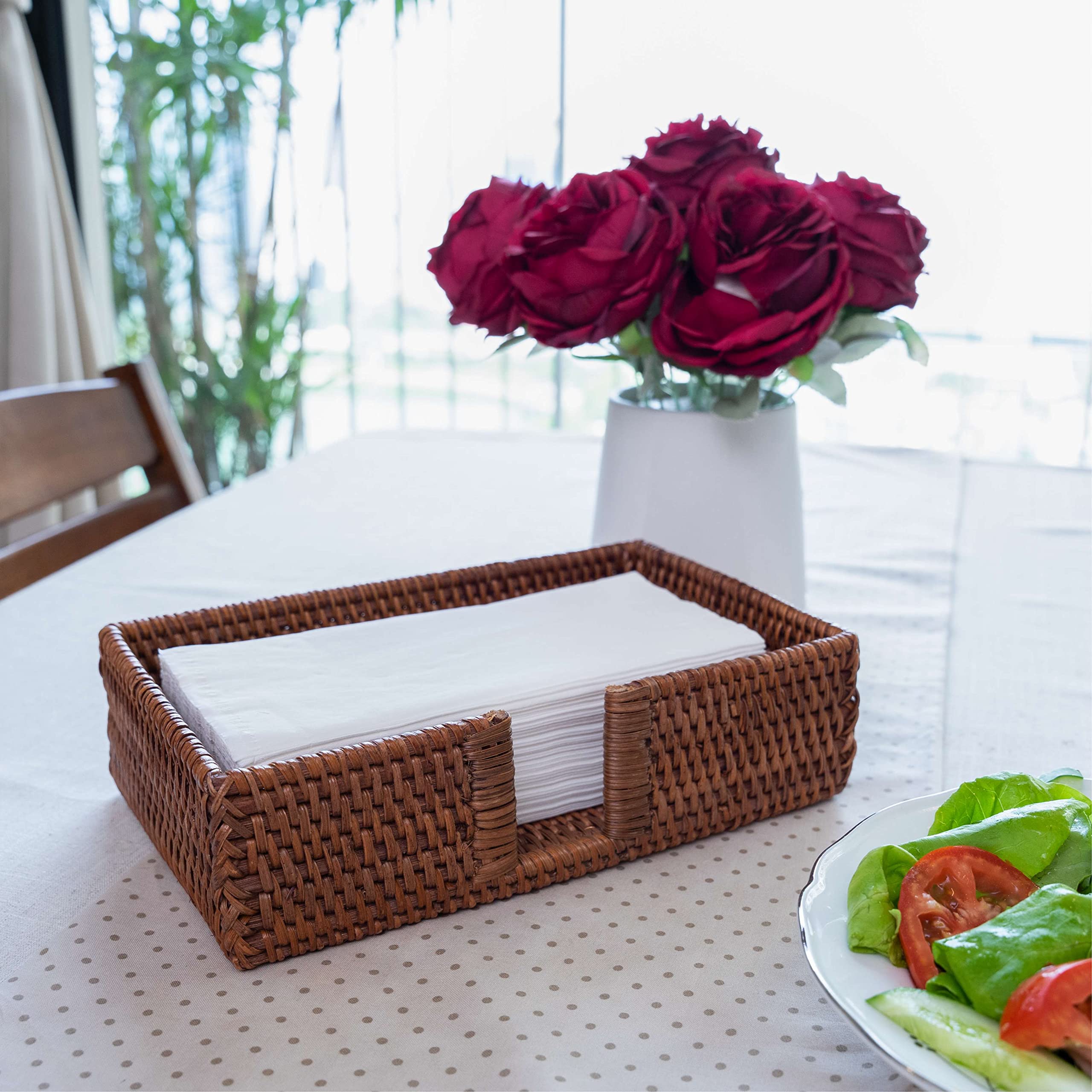Rattan Guest Towel Holder For Bathroom Towel Caddy Rectangular Napkin Tray Wicker Toilet Tank Basket Dark Brown 9.4 x 5.9 x 2.4 inches Tissue Paper Hand Towels Storage Luncheon Kitchen Countertop