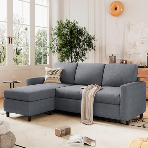SUNLEI Sectional Sofa Couches for Living Room, L Shaped Couch with Reversible Chaise, Modern Linen Convertible Sectional Sofa for Small Space as Apartment, Grey