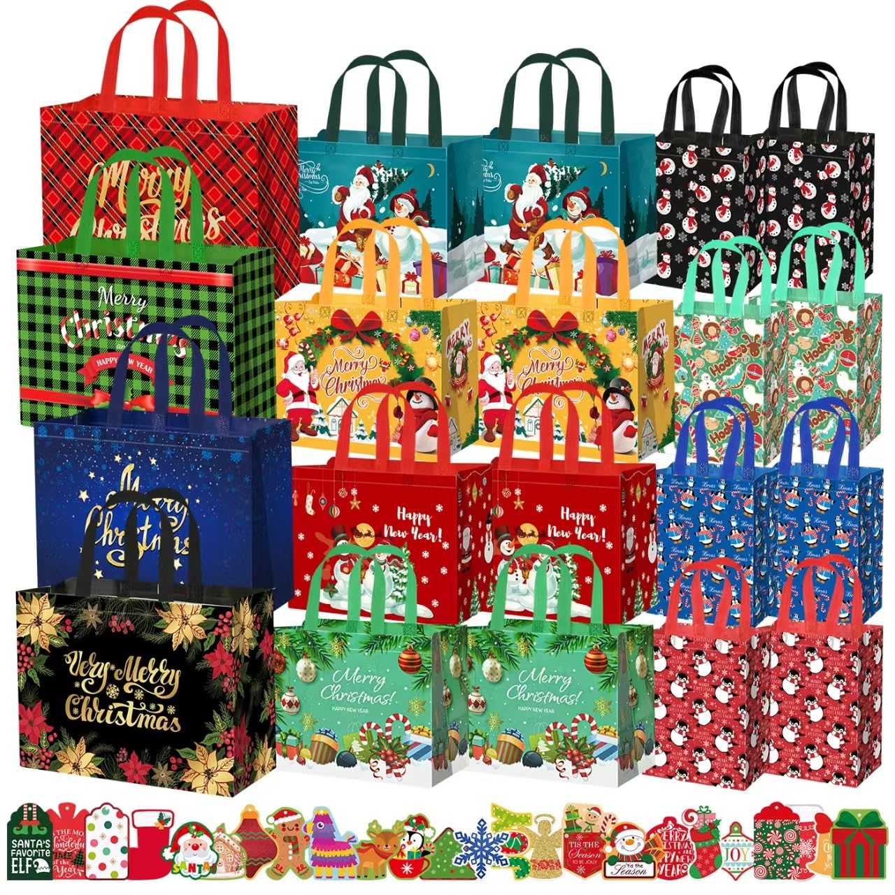 WLUSEAXI 20 Pack Christmas Gift Bags Assorted Sizes with 24 Christmas Gift Tags, Reusable Christmas Tote Bags with Handles,4 Extra Large,8 Large,8 Small Christmas Bags for Gifts Xmas Party Favor