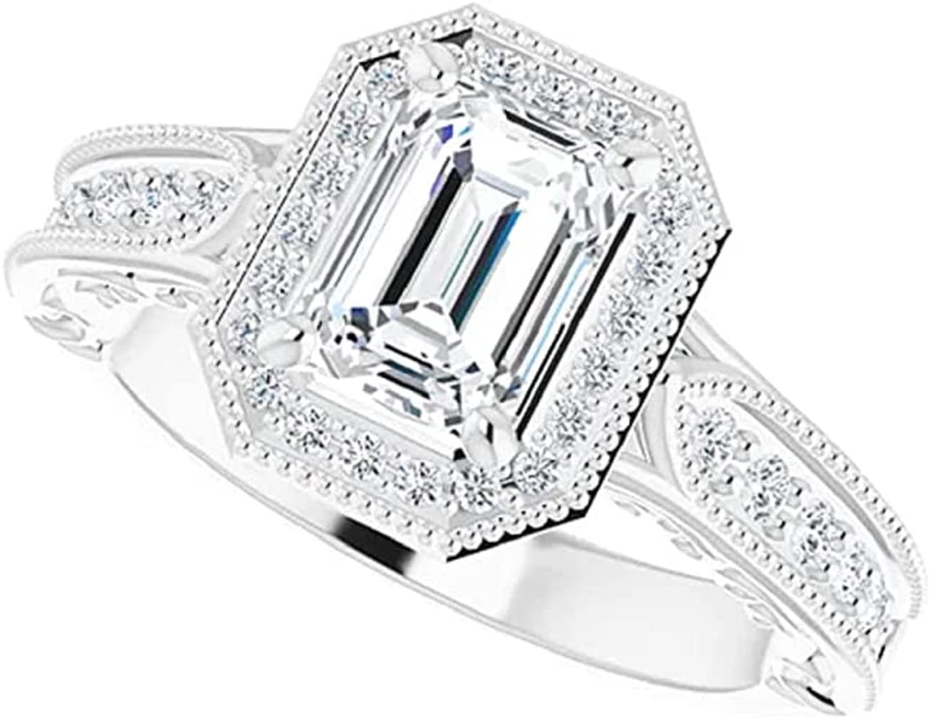 Moissanite World 2CT Emerald Cut Colorless Moissanite Engagement Ring Wedding Band Gold Silver Eternity Solitaire Ring Halo Ring Vintage Antique Anniversary Promise Gift Her (7)