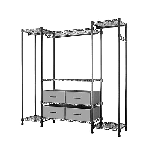 Wekity Wire Garment Rack Heavy Duty Clothes Rack,Closet Organizer Metal Garment Rack Portable Clothes Hanger Home Shelf Fabric Drawers,Freestanding Closet Wardrobe (Black)