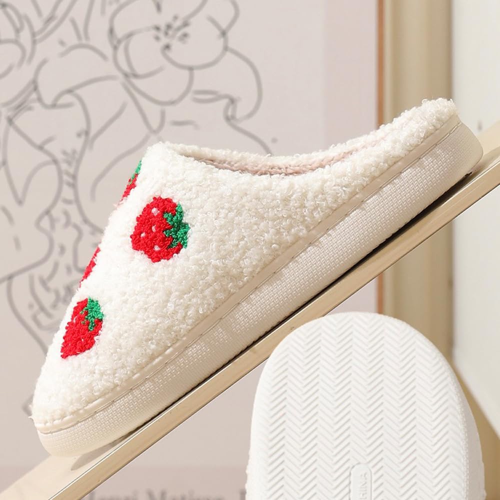 JAMANDUO Women's Men's Cute Retro Strawberry Slippers Cherry Slippers Mushroom Slippers Fruit Plush Soft Memory Foam House Home Shoes 43-44