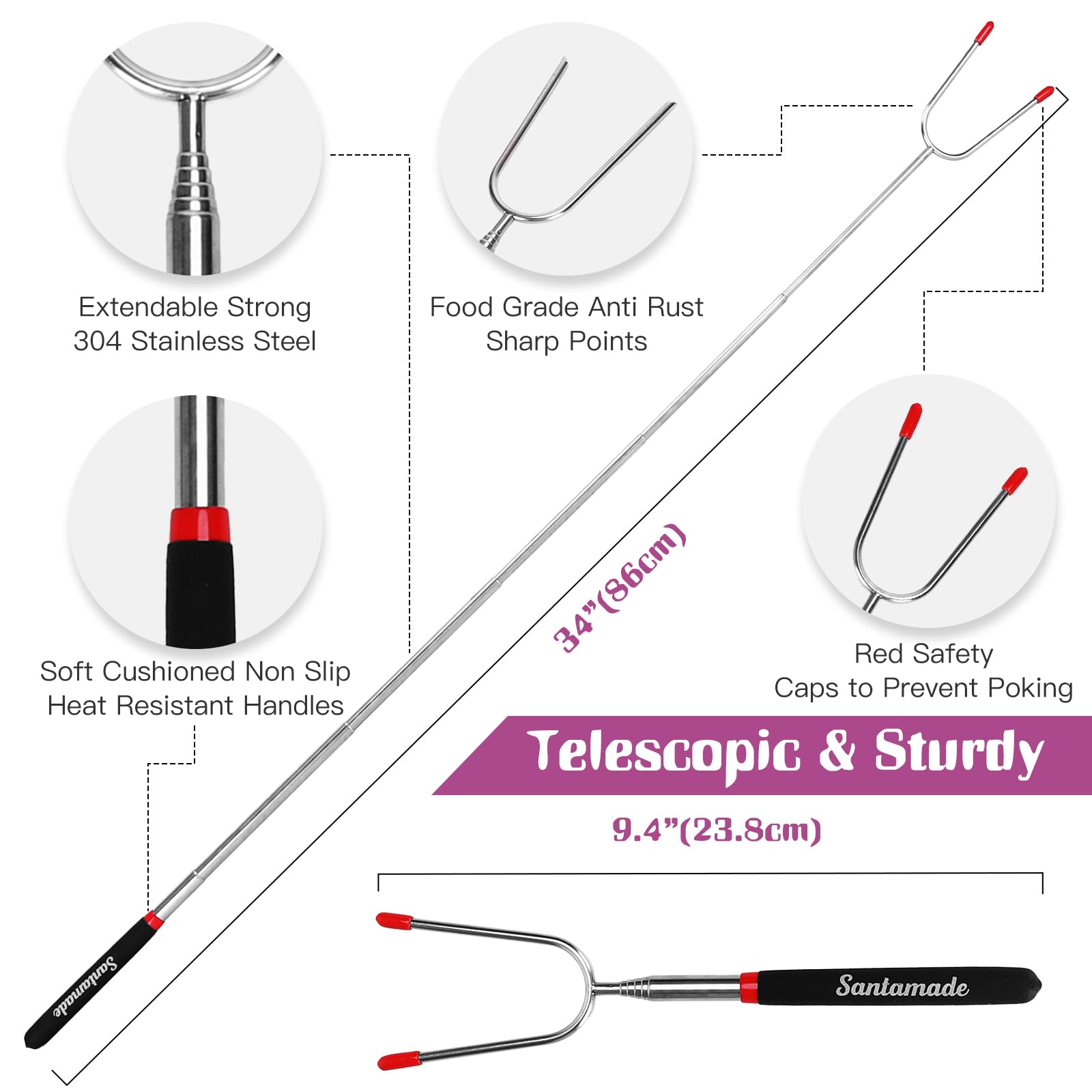 SANTAMADE Marshmallow Roasting Sticks Set of 5 -Telescoping Long Smores Sticks for Fire Pit, Hot Dog Sticks for Campfire Grill Bonfire Party Supplies -With Santa Storage Sack