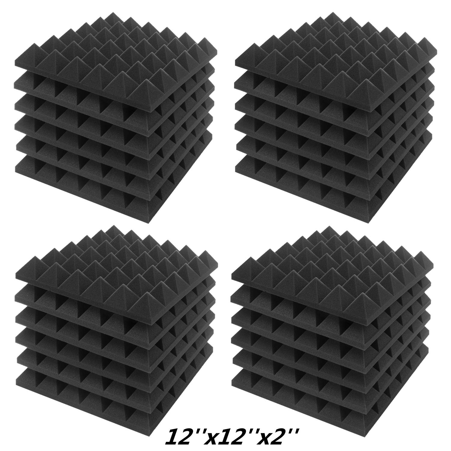 JBER Acoustic Sound Foam Panels, 24 Pack 2" X 12" X 12" Charcoal Soundproofing Treatment Studio Wall Padding Sound Absorbing Fireproof Pyramid