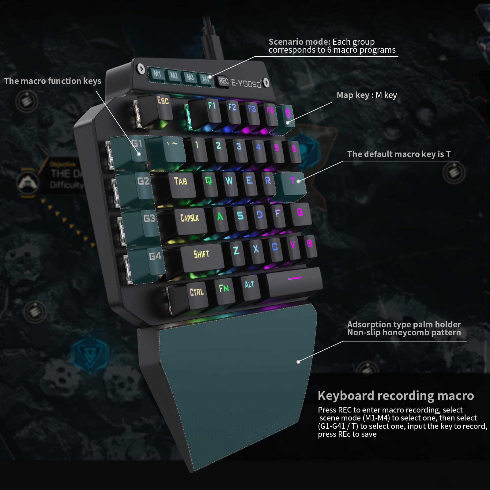 K-700 One Handed Mechanical Gaming Keyboard, RGB Led Backlit, Red Switches, 41 Macro Keys, Detachable Wrist Rest and Type C Cable, Hot Swappable 44 Key