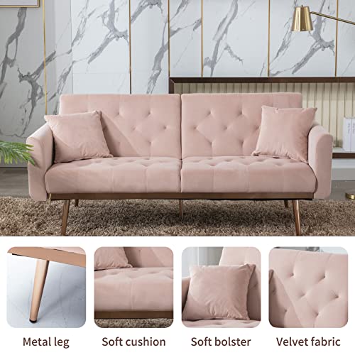 Velvet Futon Sofa Bed,Convertible Sofa Bed with Adjustable Backrest, Modern LoveSeat Sofa Couch for Living Room,Bedroom,Office(Pink)