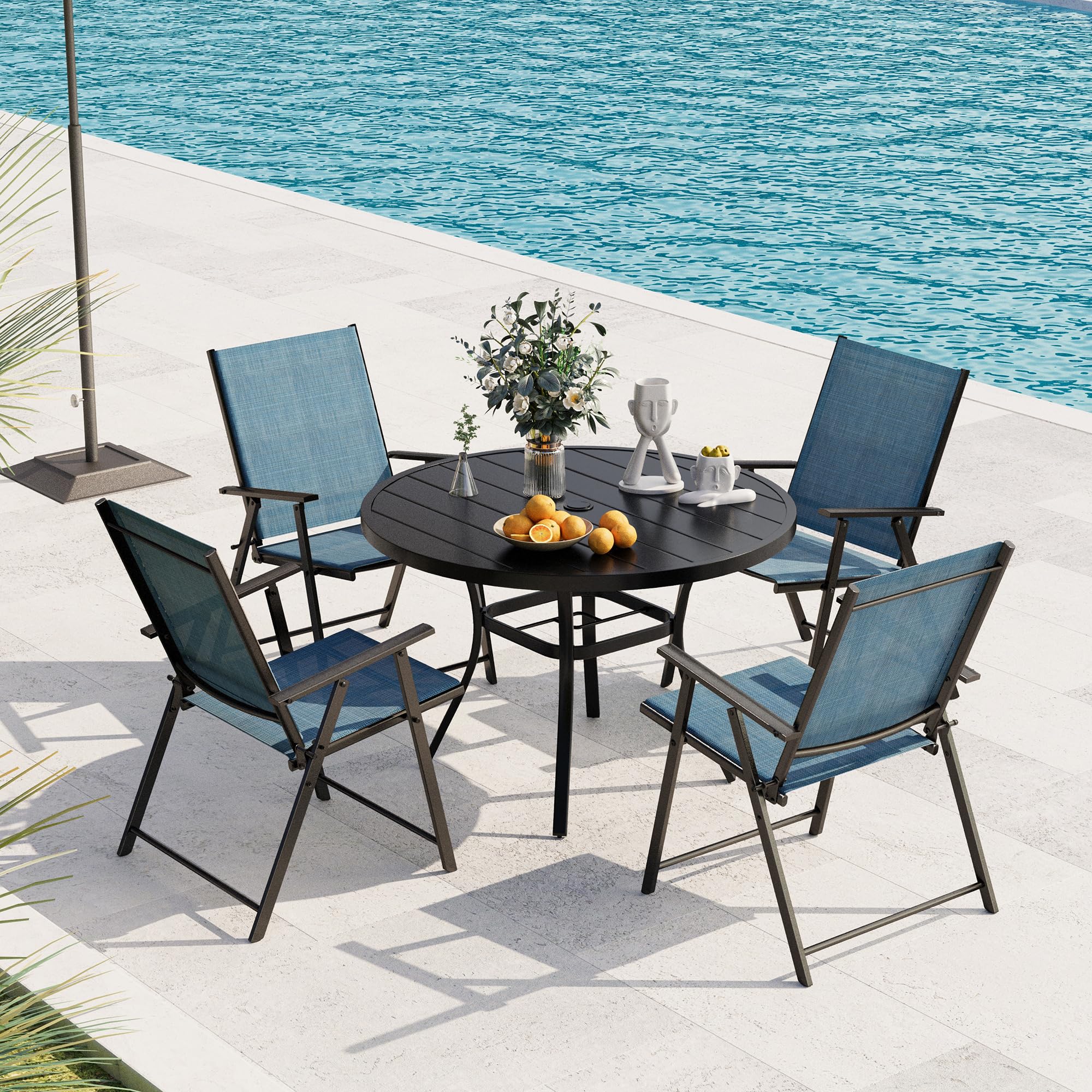 VICLLAX 4 Pieces Patio Folding Chairs, Outdoor Portable Sling Lawn Chairs for Camping Garden Pool Beach Yard, Light Blue