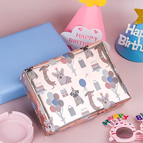 WRAPAHOLIC Reversible Birthday Wrapping Paper - Mini Roll - 17 Inch X 33 Feet - Adorable Dogs with Metallic Foil Shine and Solid Blue for Birthday, Party, Baby Shower