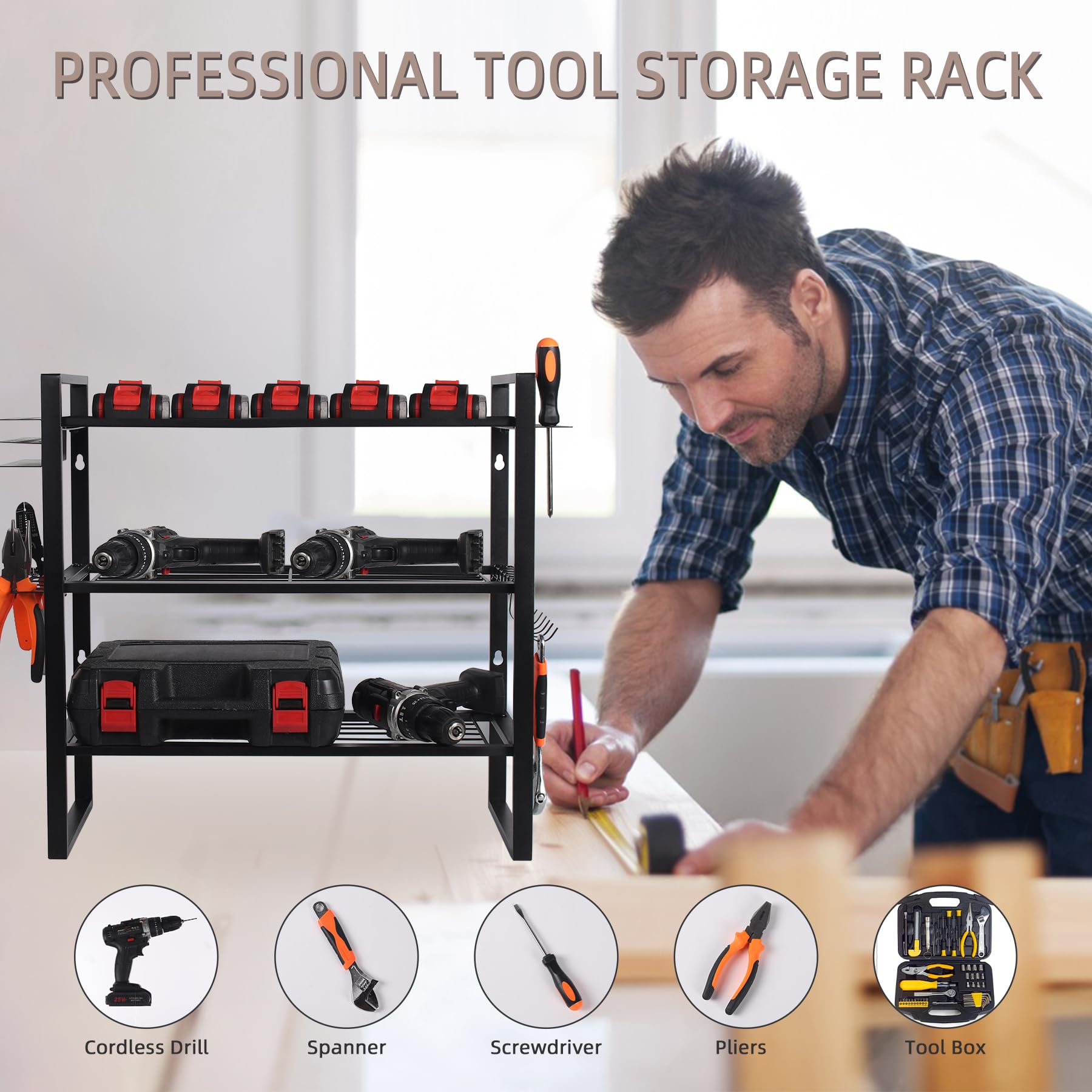 Volin Crik Power Tool Organizer,5 Drill Holder Wall Mount, 4 Layer Heavy Duty Metal Tool Shelf, Garage Tool Organizers and Tool Storage Rack,with Screwdriver Holder/Plier Holder/Hammer Holder