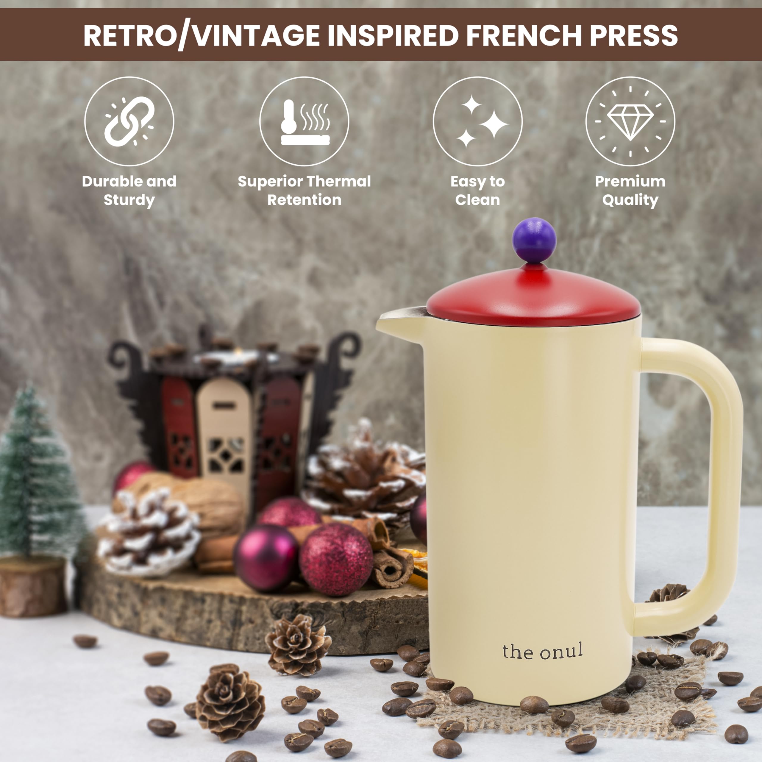 the onul French Press Coffee Maker 34 oz.- Stainless Steel Double Wall Insulated Coffee Press - 3 Level Filtration System with an Exrtra Filter - Cold Brew Coffee and Tea
