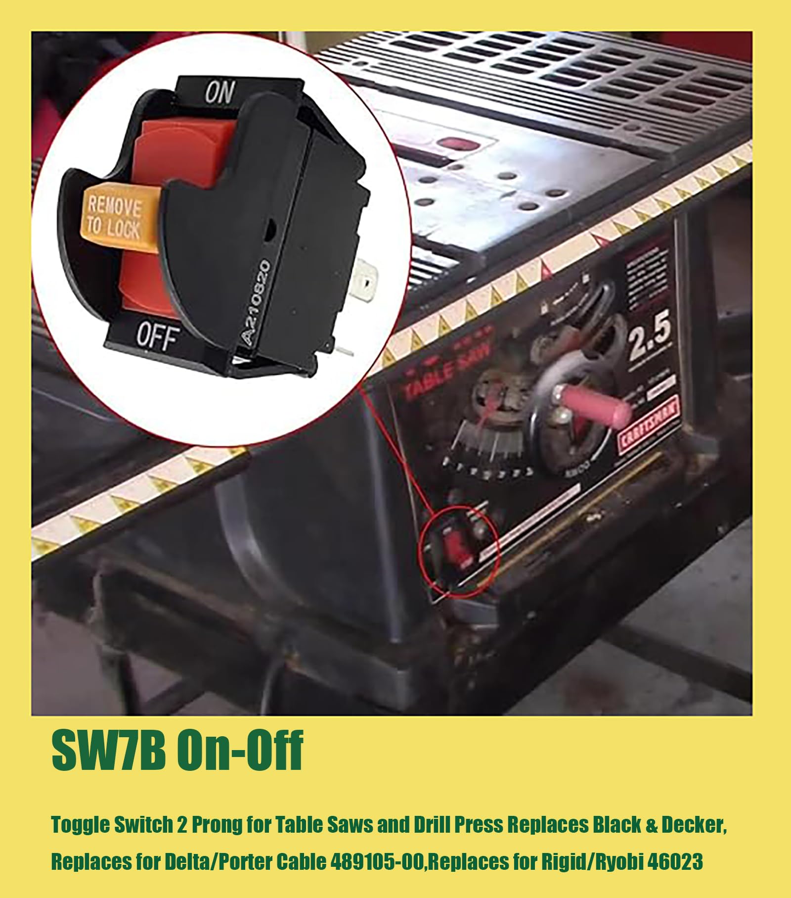 SW7B On-Off Toggle Switch 2 Prong ,Replacment for Delta,Aftermarket Replacment for Ryobi 46023 Delta/Porter Cable 489105-00 438010170141, for Table Saws Drill Press Power Tools Planer Band Saw