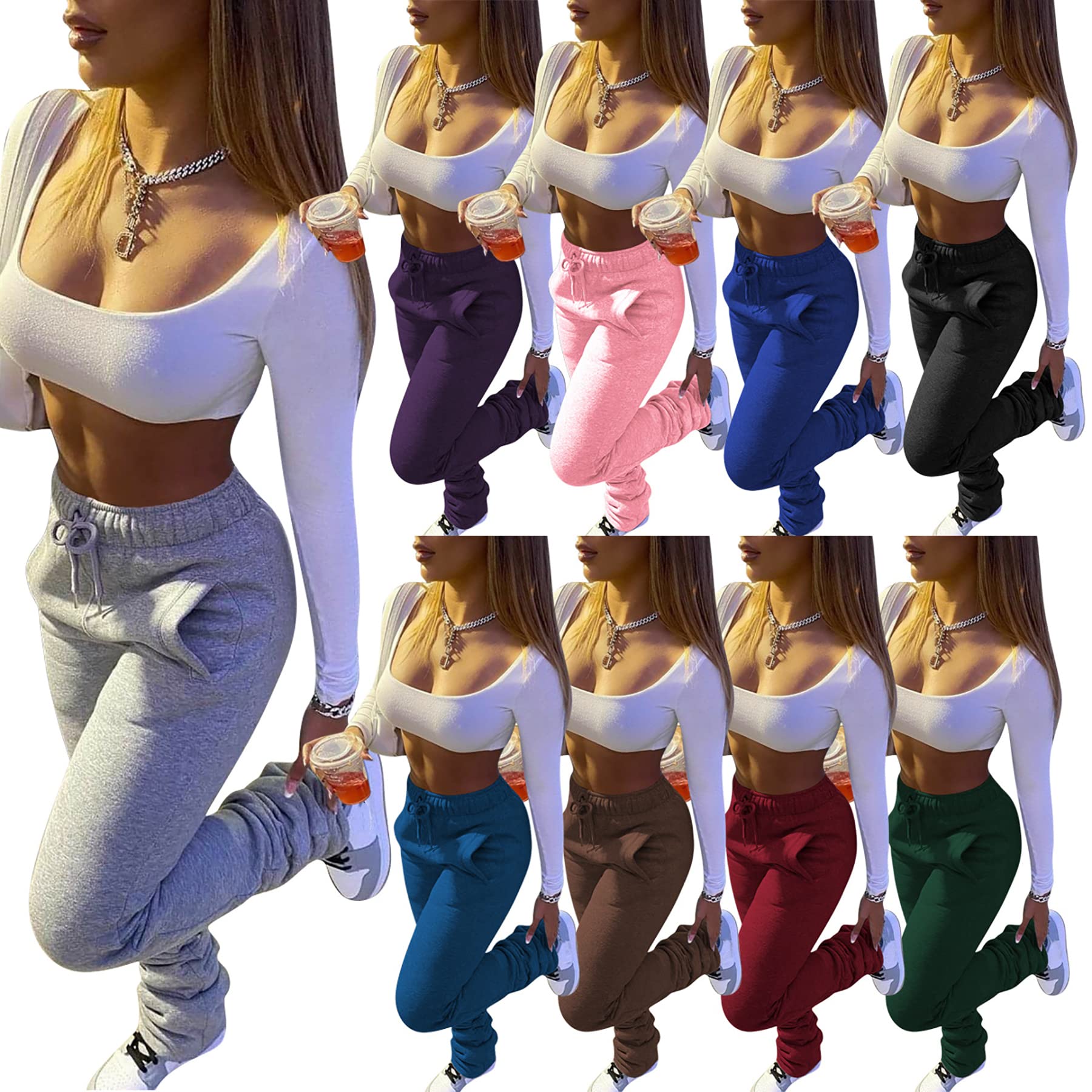 Molisry Women Stacked Sweatpants Fleece Drawstring High Waist Legging Jogger for Fall