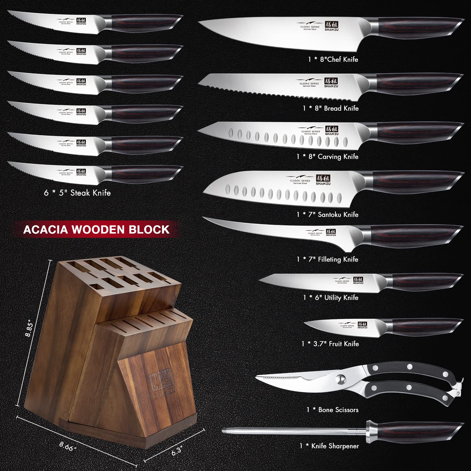 SHAN ZU Knife Set for Kitchen with 2 in 1 Knife Block, 16 Pieces German Steel Professional Chef Knife & Steak Knife Set, Ultra Sharp Kitchen Knives Set with Sharpener