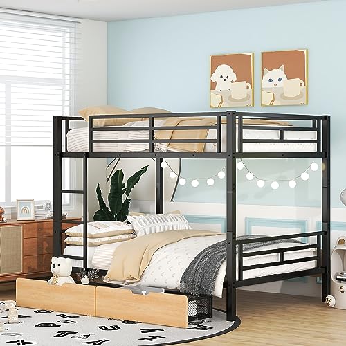 SIYSNKSI Full Size Convertible Bunk Bed with 2 Drawers, Metal Bunk Bed Frame with Ladder and Safety Guardrail for Kids Teens Boys Girls Bedroom, No Box Spring Needed