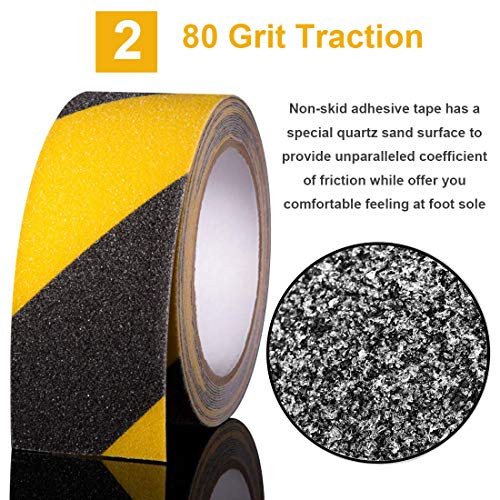 RELIANCER Anti Slip Safety Grip Tape 2inx60ft Non Skid Tread Safety Tape with High Traction Grit Yellow & Black Marking Self-Adhesive Tape Hazard Caution Warning Tape for Stairs Steps Deck