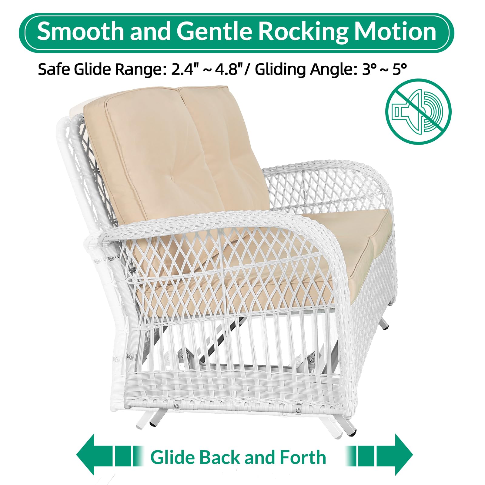 VIVIJASON 4-Piece Outdoor Patio White Wicker Conversation Sets, All Weather Outdoor Rattan Furniture Set Includes Glider Loveseat, Coffee Table, 2 Rocking Chairs with Cushions for Backyard, Beige