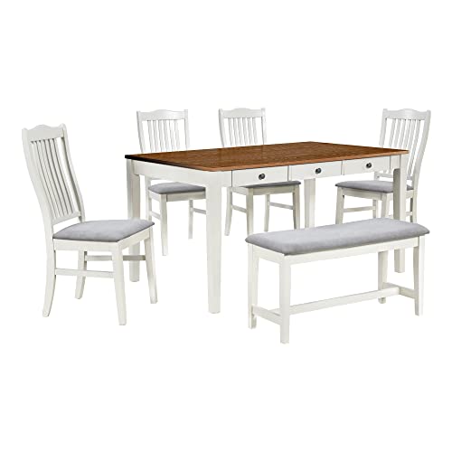 SIYSNKSI Mid-Century 6-Piece Dining Table Set with 4 Upholstered Dining Chairs and Bench, Wood Rectangular Dining Table with Drawer for Kitchen Living Room, Dining Table Set for 6 (Butter Milk+Grey)