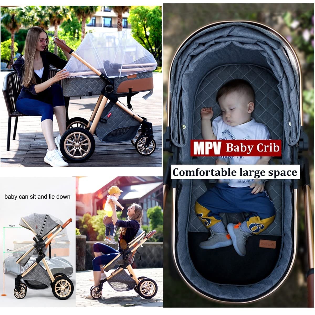 Shock Spring Stroller Compact 2 in 1 Infant Pram Baby Buggy|Folding|Adjustable Seat for Infant,Lightweight Pushchair Pram Stroller for 0-3 Years Kids (Color : Brown)
