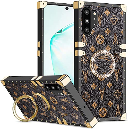 YoodQood for Samsung Galaxy Note10 Plus Square Case Non Slip Shockproof Slim TPU Full Protection Retro Elegant Luxury Leather Case with Kickstand for Samsung Note 10 Plus(Brown)