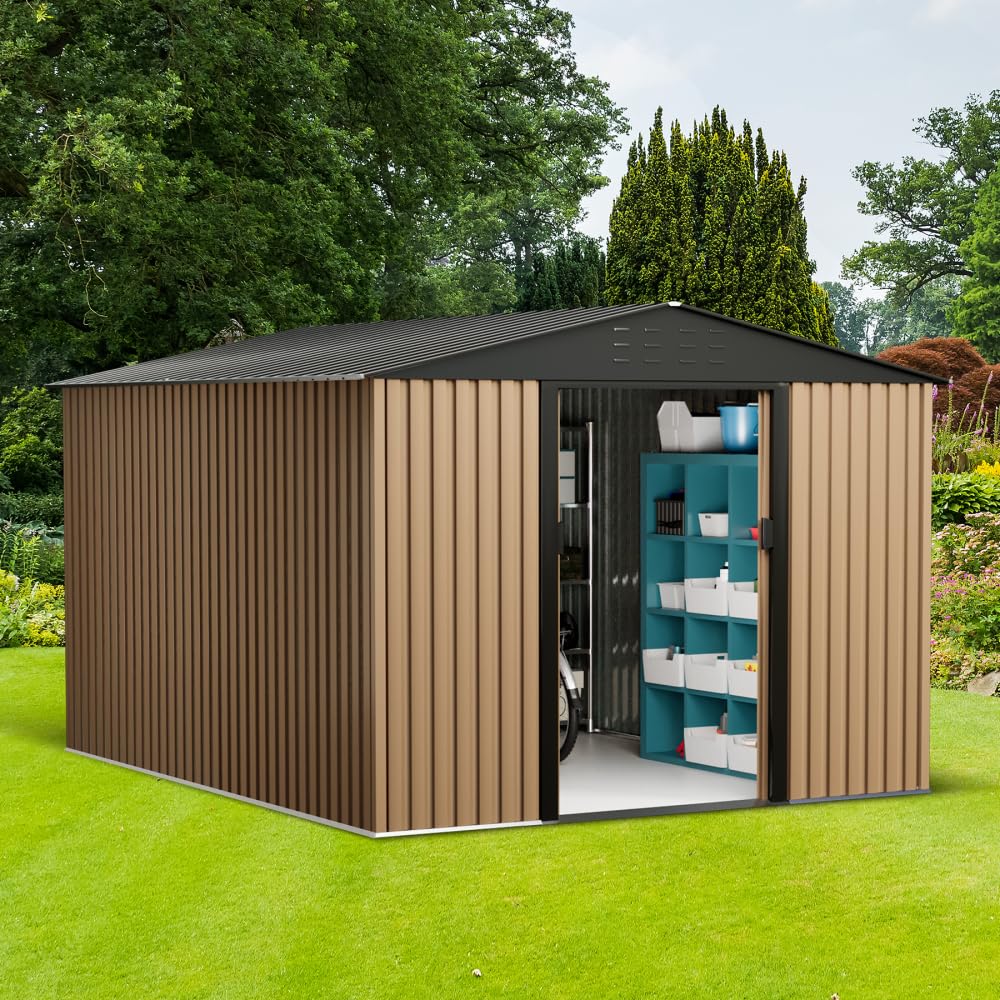 VerisShade Outdoor Storage Shed, 10 x 8 FT Utility Tool Shed, Metal Storage Garden Shed with Door & Lock for Patio Storage, Brown