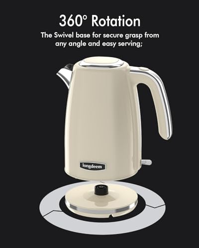 LONGDEEM Electric Kettle Stainless Steel 1.7L - 1500W Quick Boil, Retro Style, Auto Shut-Off, Boil Dry Protection with Filter & Water Gauge - Perfect for Tea, Hot Water, Cream