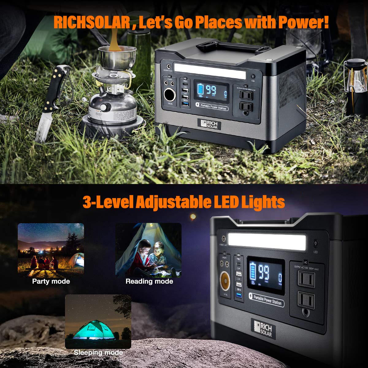 RICH SOLAR X500 Lithium Portable Power Station 540Wh Rechargeable Solar Generator with Bag Battery Backup Power for Camping Outdoors RV Emergency