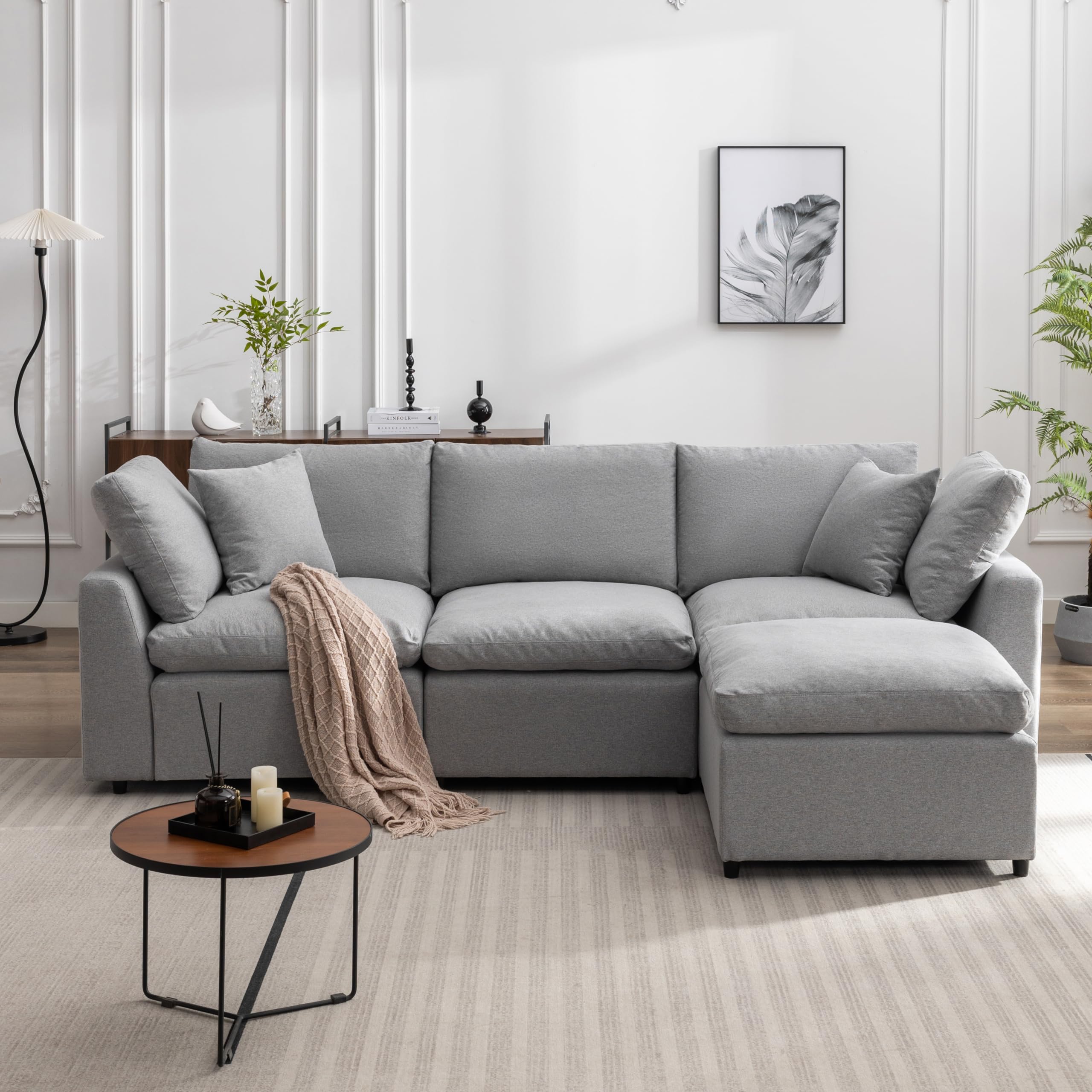 Tmsan 104" Modular Sectional Sofa Cloud Couch for Living Room, Modern Down Filled L Shaped Couch Set with 4 Pillows, Large 4 Seater Sofa with Reversible Ottoman for Apartment Office (Light Grey)
