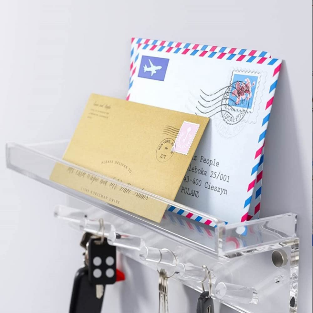 YUEHUA Magnetic Key Holder for Refrigerator, Acrylic Wall Mounted Key Rack with Mail Organizer for Home, Adhesive Key & Mail Holder Hanger - 6 Hooks (Clear)