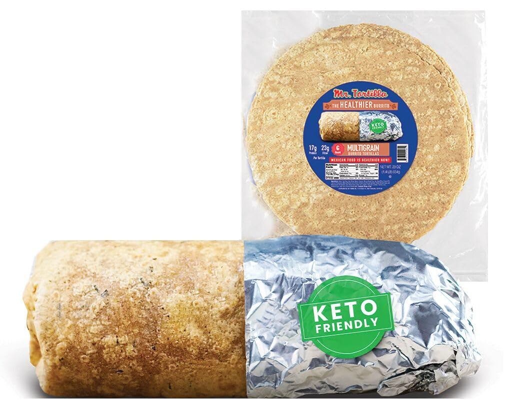 Mr. Tortilla Healthier Burrito Keto, Vegan, Kosher, Low Calorie, Low Carb, High Protein, High Fiber 12-13" (Multigrain, 6 Wraps)