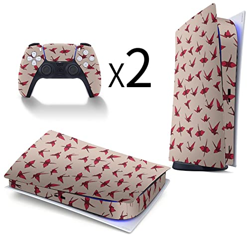 Red Crane Full Protective Skin Cover Design Wrap Decal Sticker Compatible with PS5 Digital Edition Console and Controller