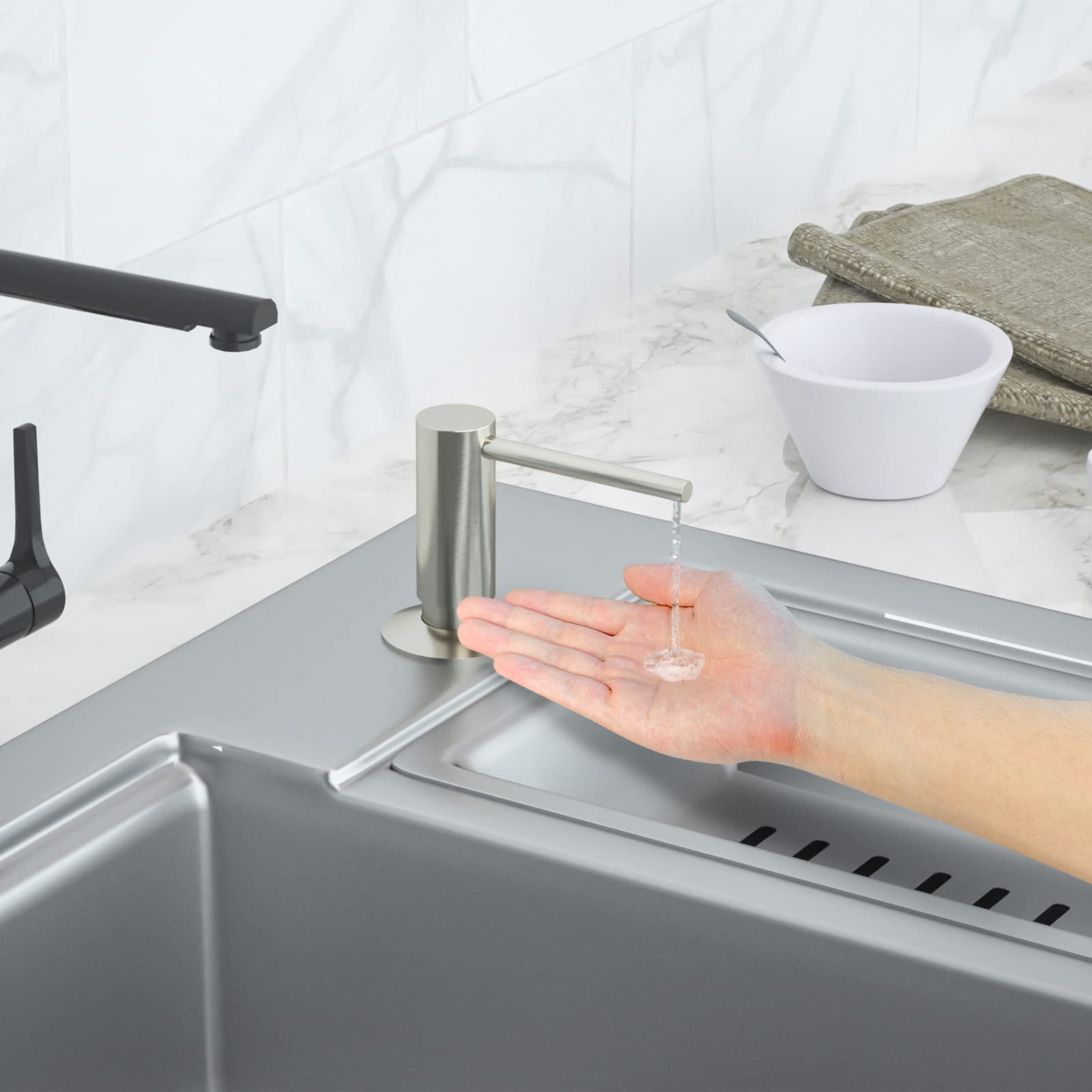 SAMODRA Kitchen Sink Soap Dispenser, Brass Pump Head Brushed Nickel Finish Built in Design with 39" Extension Tube Directly to Soap Bottle, No More Messy Refills(No Bottle)