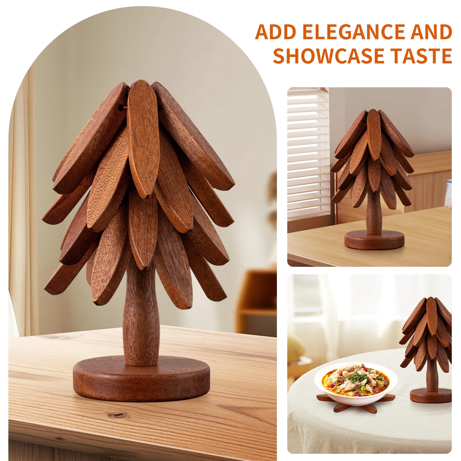 Vertdens Wooden Trivets for Hot Dishes, Tree Shape Trivet Set,Hot Dish Coaster with Tree-Shaped Wood Collapsible Hot Pad Trivet Tree for Restaurant,4 Wooden Trivet + 1 Stand(Walnut Wood)