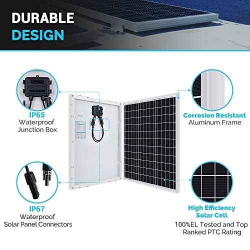 Renogy 50 Watt 12V Solar Panel 10A 12/24V PWM LCD Charge Controller, Adaptor kit, Tray Cables, 50W, 5V USB Ports, for RVs,Boats,Trailers,Sheds,Cabins and Any Off Grid System
