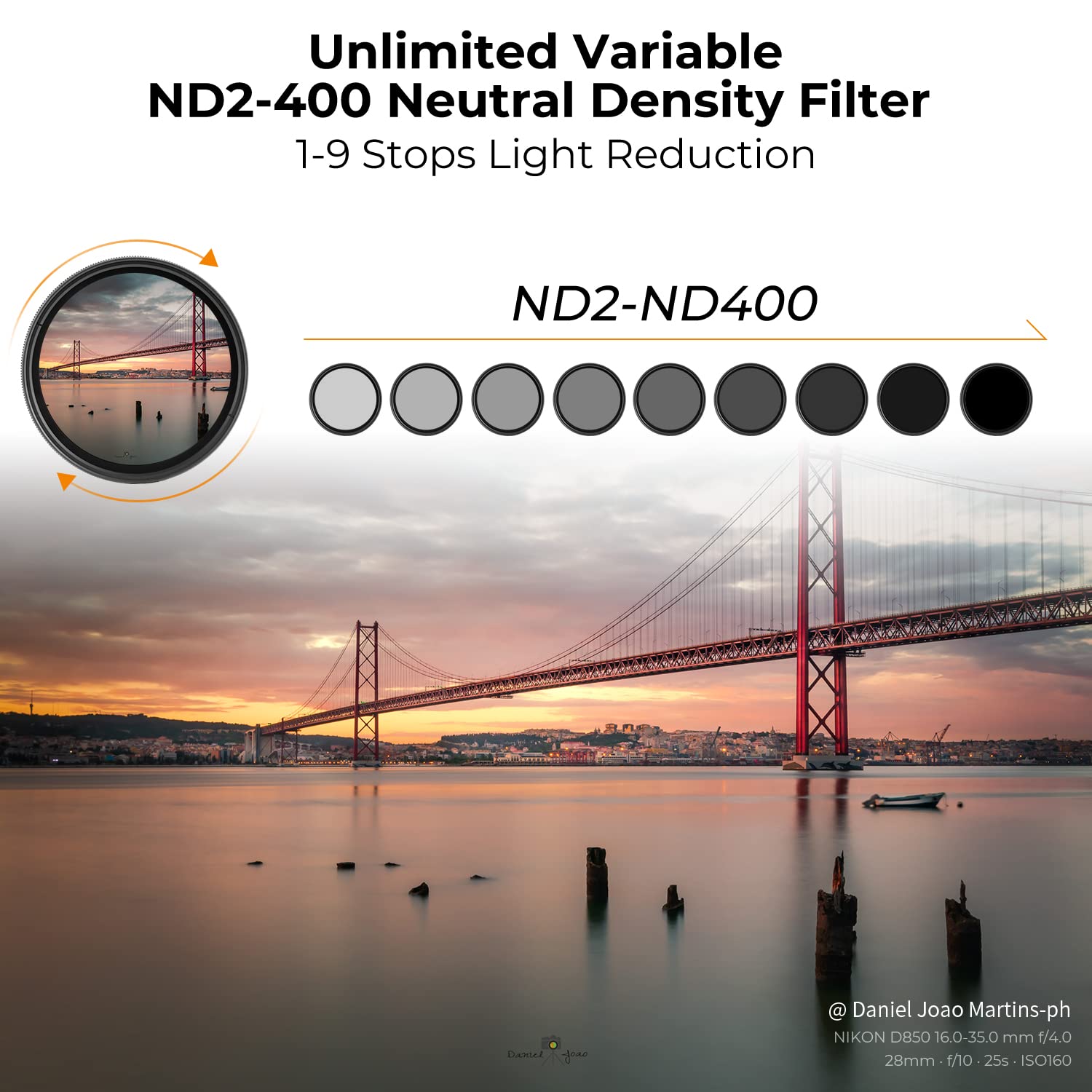 K&F Concept 82mm Variable ND Lens Filter & Filter Cap Kit (2 Pcs) Adjustable Neutral Density ND2-ND400 with 18 Multi-Layer Coatings Lens Filter with VND Filter Cap