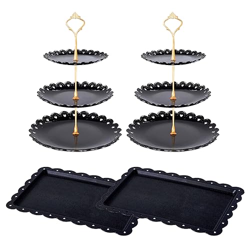 Set of 4pcs Black Halloween Cupcake Stand Plastic Dessert Tray Severing Plate Fruit Holder for Birthday Party Baby Shower Wedding Tea Party