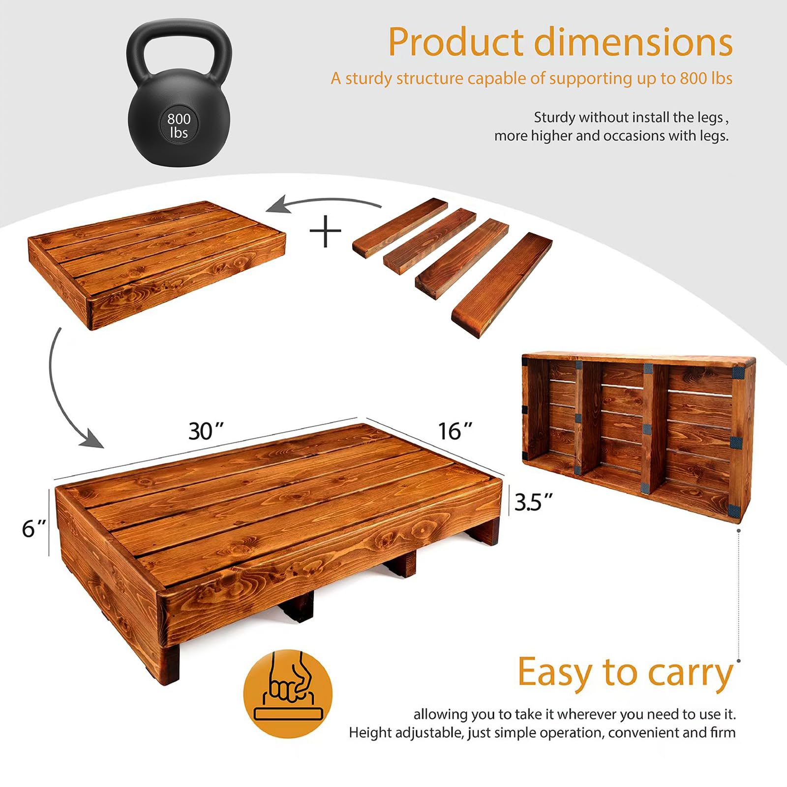 Wood Step Stool, Step Stool, 3.5" and 6" Adjustable Height ooutdoor Stairs, Step Stool for Bed, Stepping and Stair Assist for Adults, Kids, Bedside, Bathroom, Kitchen, Garden (30" L X 16" W)