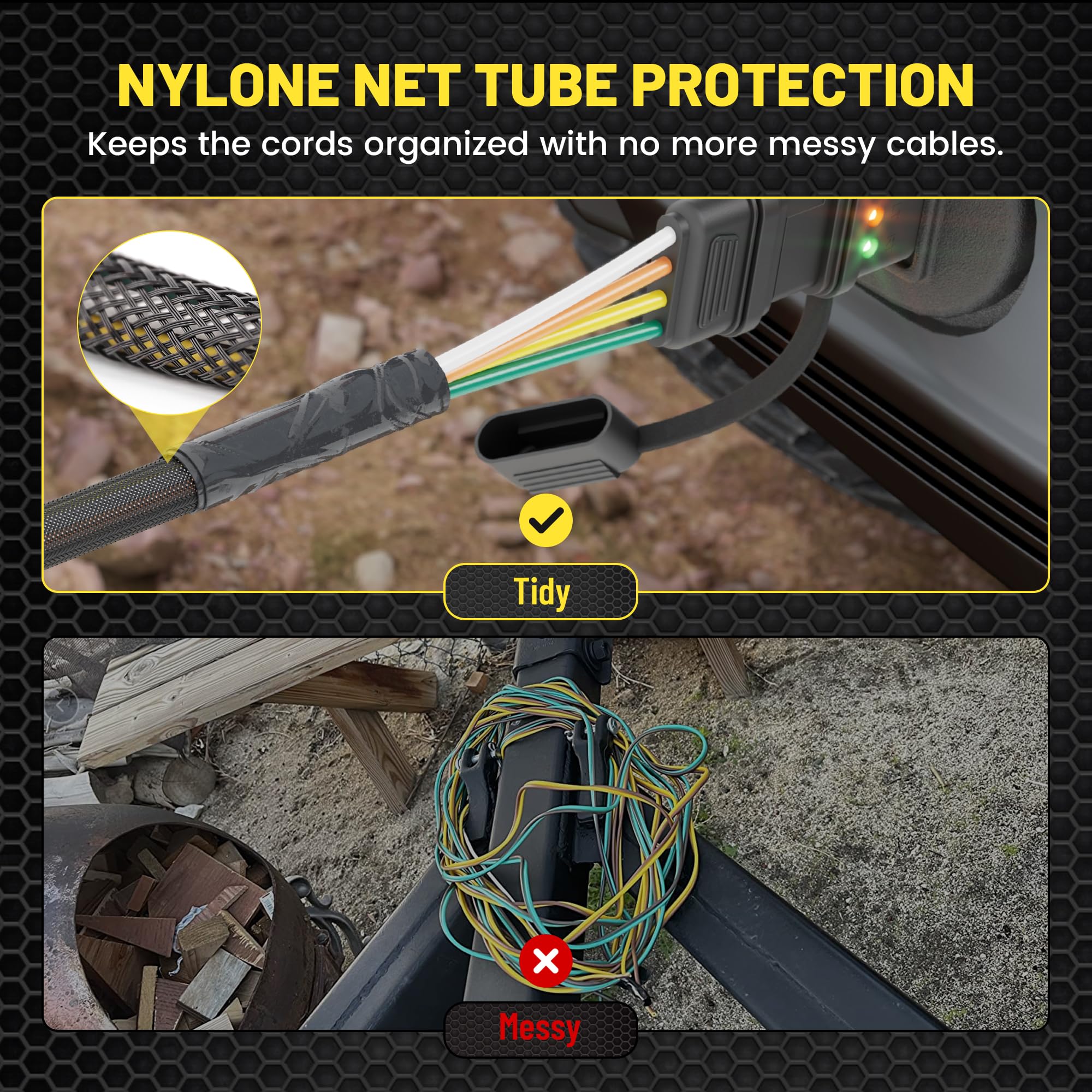 Oyviny 4 Pin Flat Trailer Extension 12 inch, Vehicle-Side and Trailer-Side 4 Way Connector with Rubber Dust Cover 16 AWG Pure Copper Wire Loom Tubing Protection, 4 Flat Trailer Wire Extension