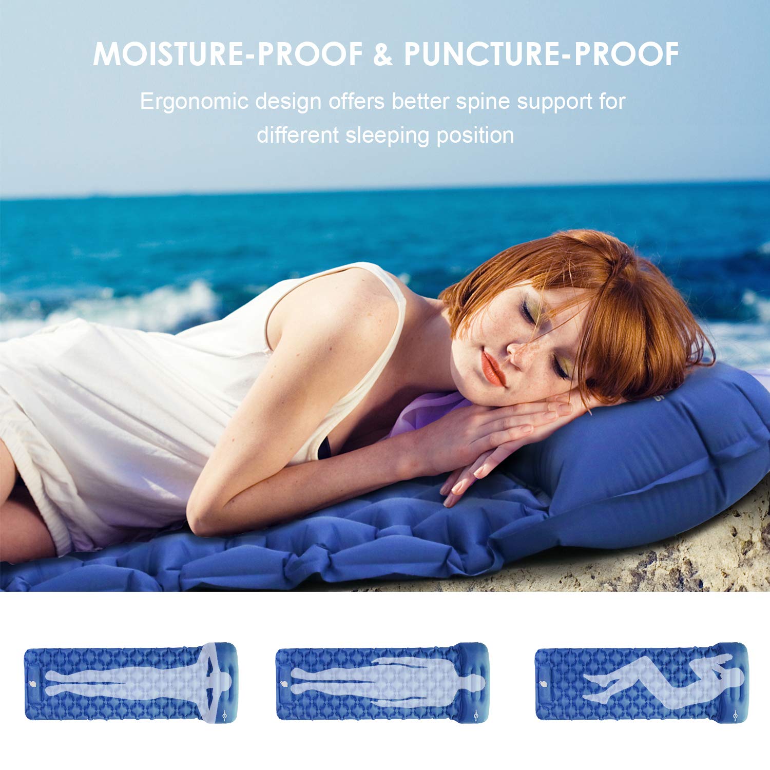KEPLUG Inflatable Sleeping Pad for Camping, Ultralight Waterproof Sleeping Mat w/Pillow, Foot Pump Quick Inflation & Deflation, Thick Air Mattress for Backpacking Hiking Tent Travel - Blue