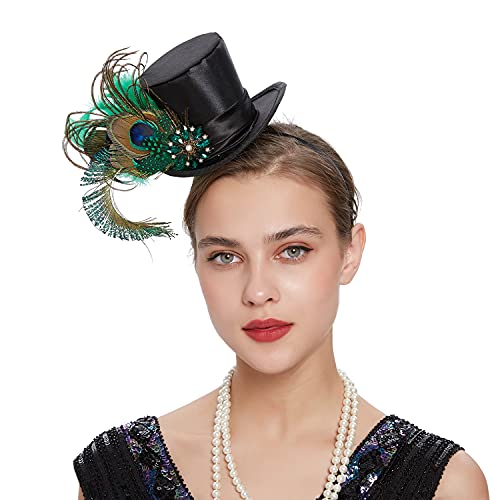 LATIMOON Mini Top Hat Fascinator Headband Peacock Feather Top Hat for Derby Tea Party