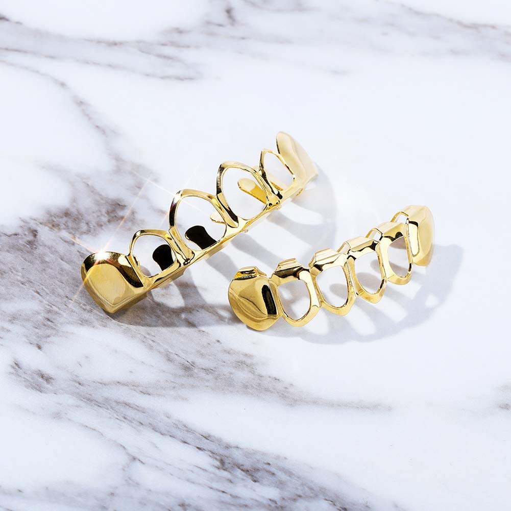 JINAO Bottom Grillz Rapper Costume Fit 18K Gold Plated Four Open Face Bottom Grills for Your Teeth for Women Men Christmas gift (Bottom))