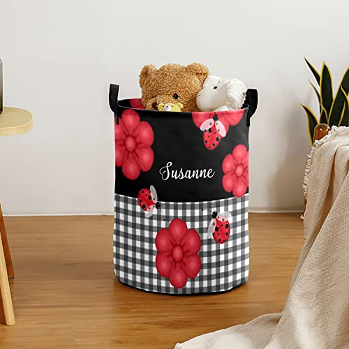 Red Flower Ladybird Checker Personalized Laundry Basket ,Custom Foldable Storage Bins Laundry Hamper for Nursery Pet Toys Clothes