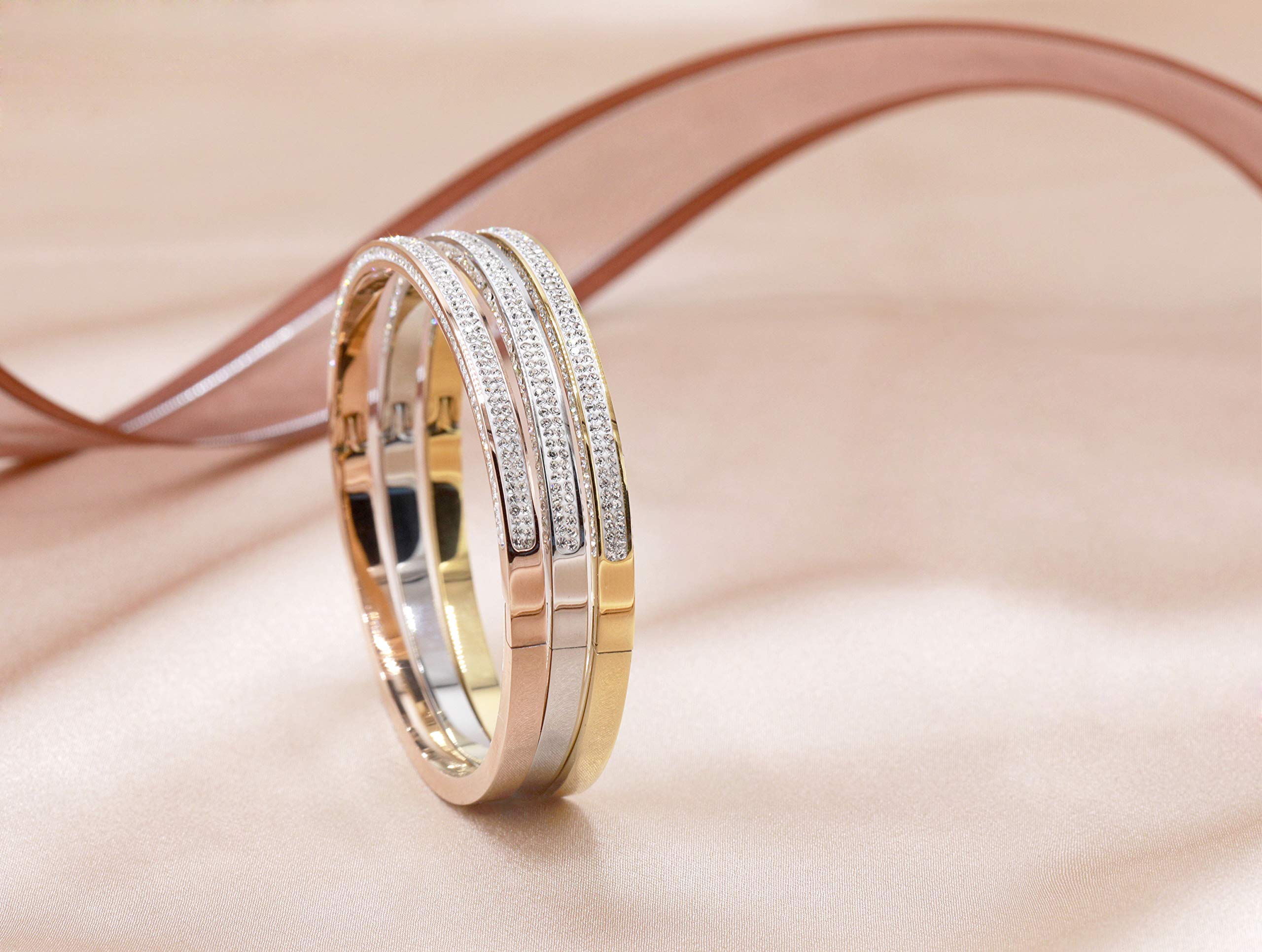 JewelryLand Gold Plated Titanium Stainless Steel Diamond Accent Pave CZ Stackable Oval Hinged Bangle Bracelet (Wide 7 GOLD)