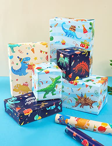 WERNNSAI Dinosaur Wrapping Paper - 10 Sheets Dinosaur Gift Wrapping Paper for Boys Girls 3 Styles Patterns Wrap Paper Rolls Happy Birthday Wrapping Paper Dino Party Favor Present (20ββ x 27ββ/ Sheet)