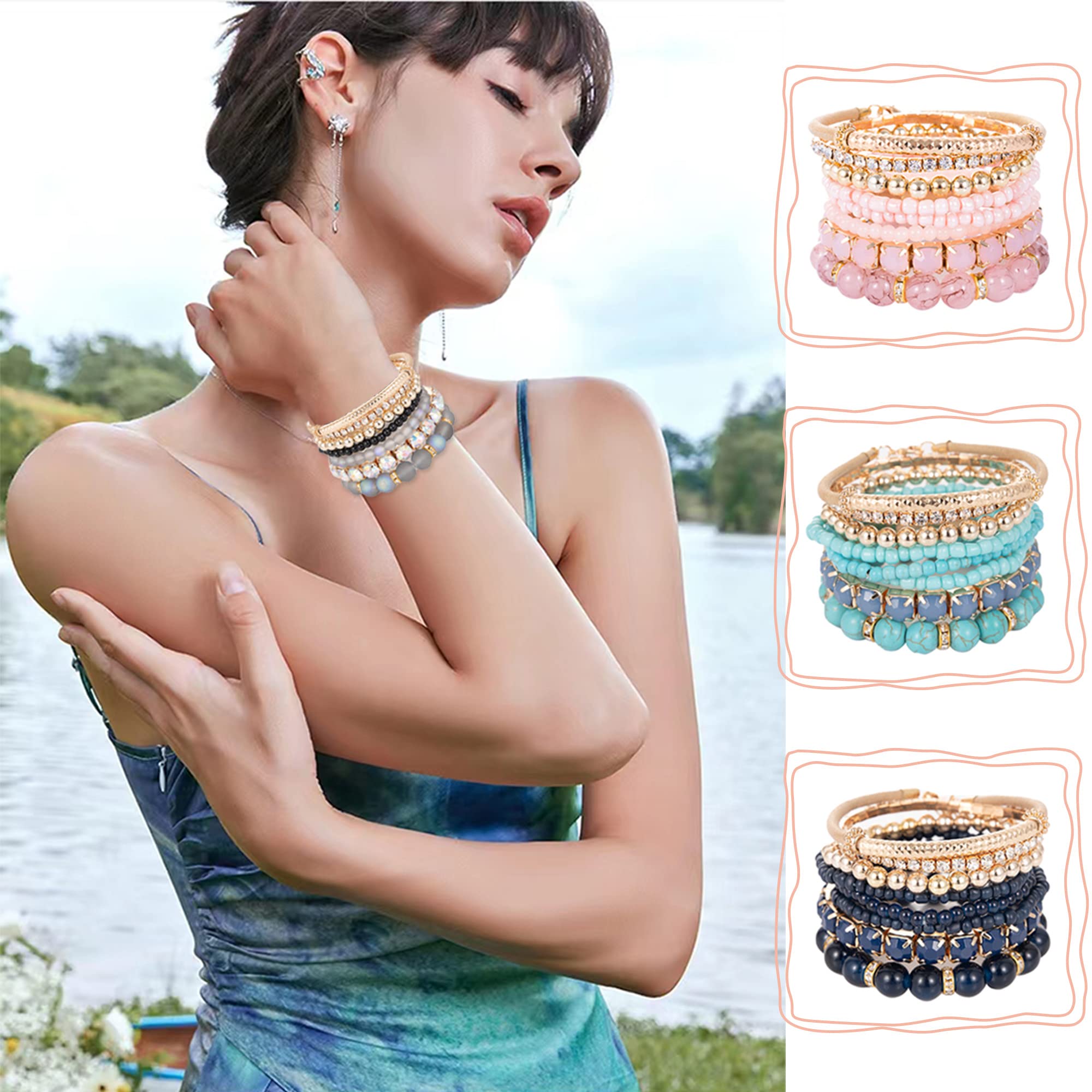 MOZAKA 26Pcs Boho Beaded Bracelets for Women Colorful Stackable Sparkly Crystal Beads Bracelets Stretch Strand Statement Bracelets (6 sets)