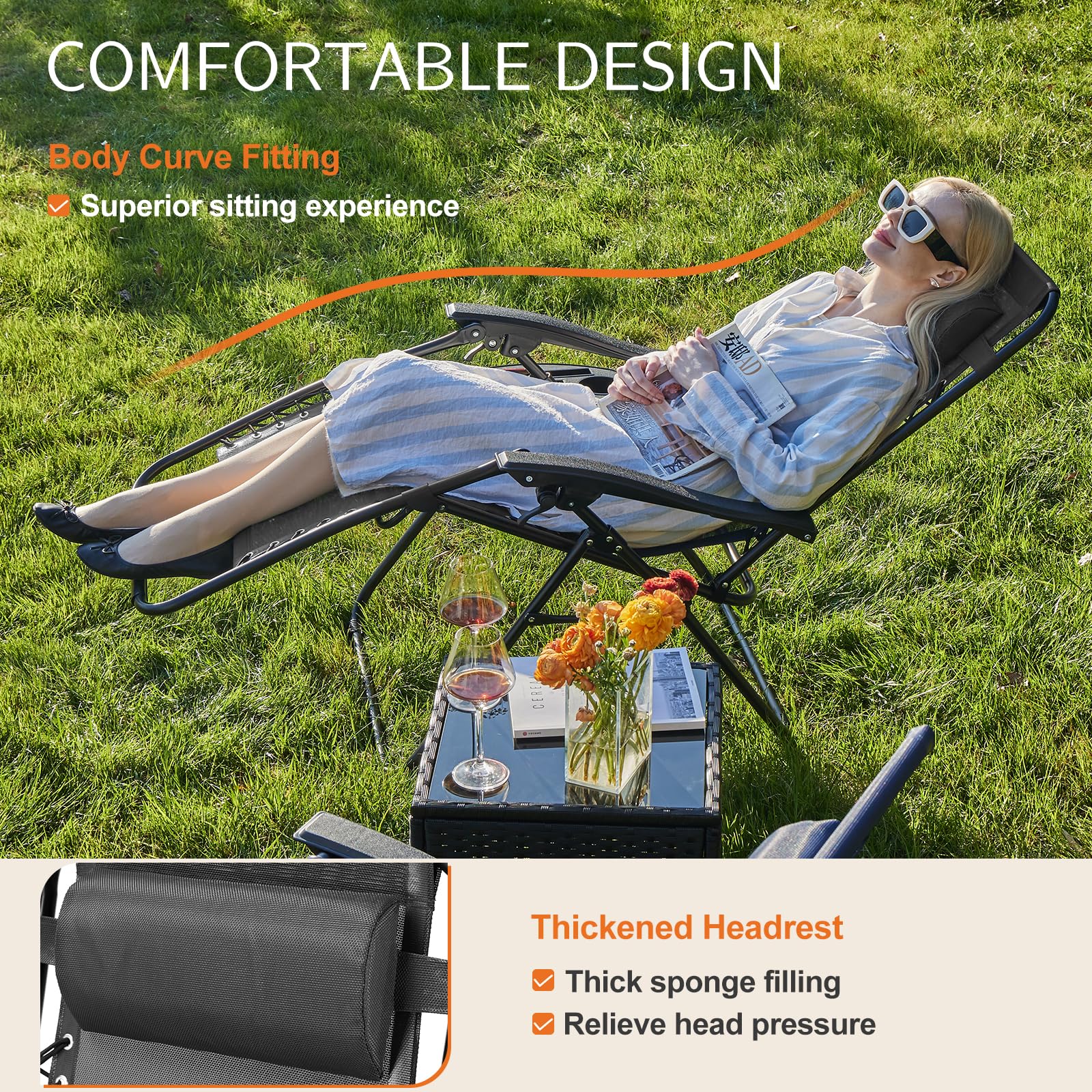 Sweetcrispy Zero Gravity Chairs, Set of 2 Portable Recliner Beach Camping Patio Outdoor Folding Lounge Chair with Cup Holder Trays and Adjustable Pillow for Poolside, Garden, Backyard, Lawn (Black)